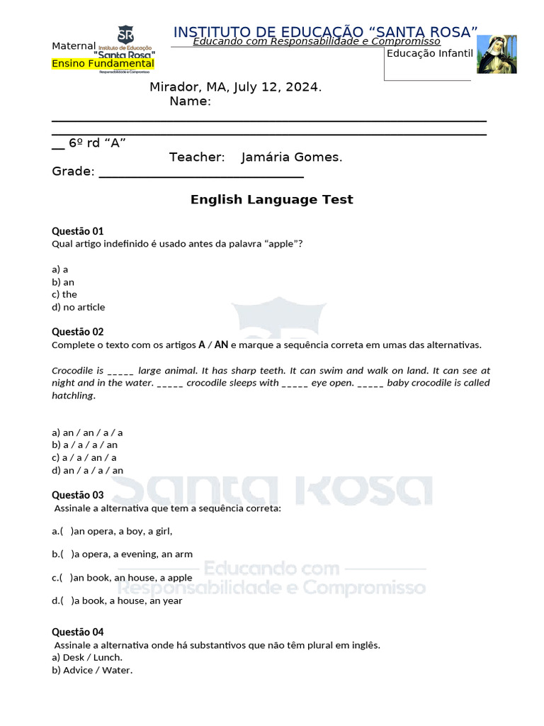Prova 6 'A' Ano 2 Periodo | PDF