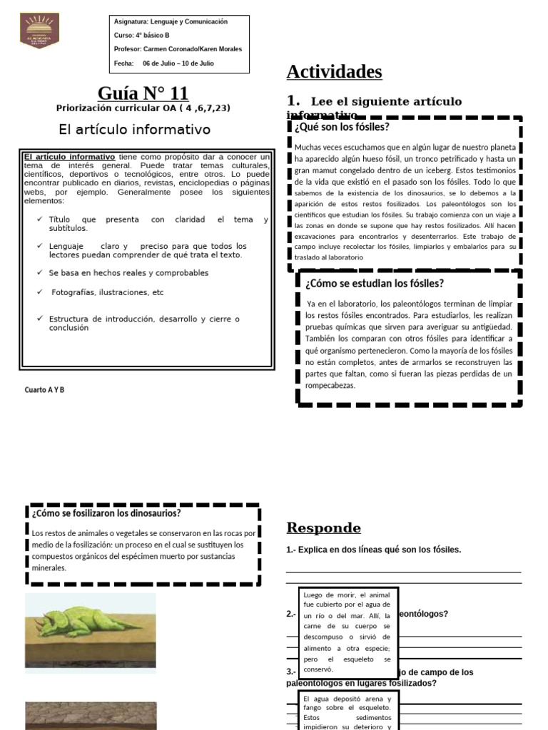 Guia 11 Lenguaje 4°b | PDF | Asunto (gramática) | Predicado (Gramática)