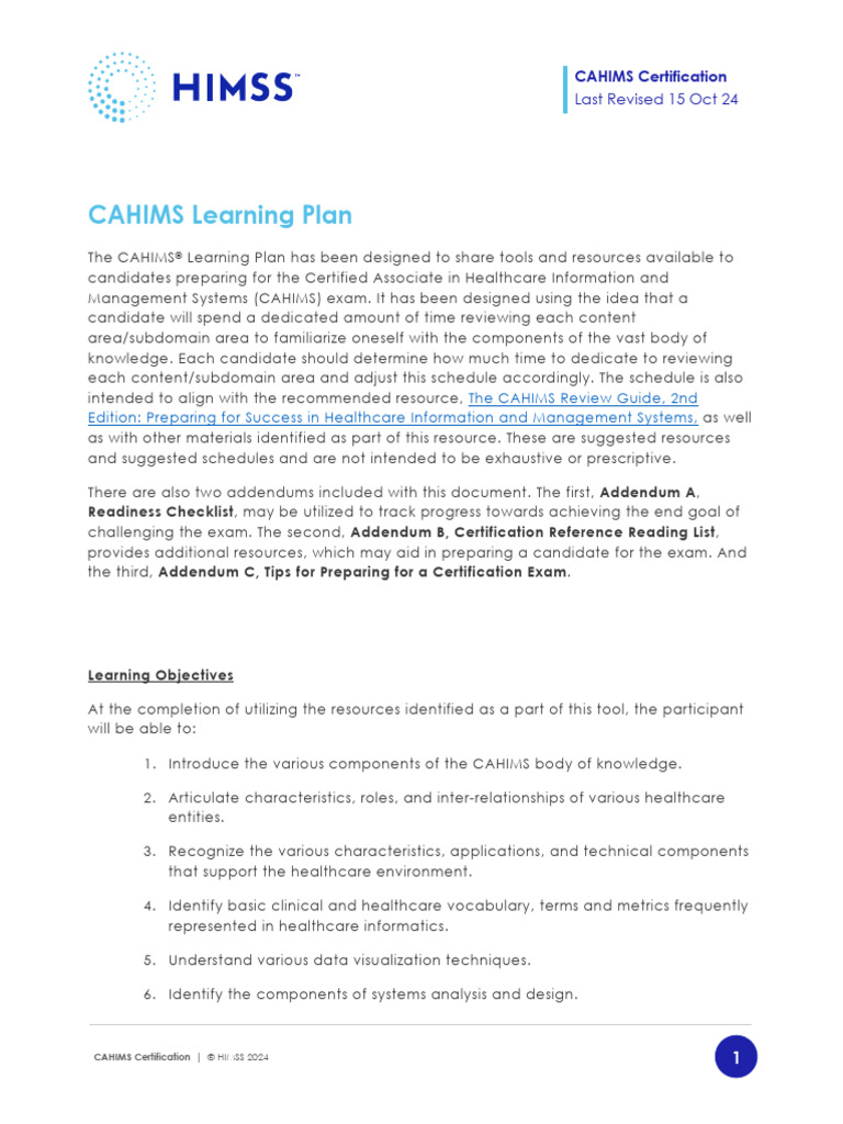 Cahims Learning Planvbdbbsvbs | PDF | Health Informatics | Professional ...