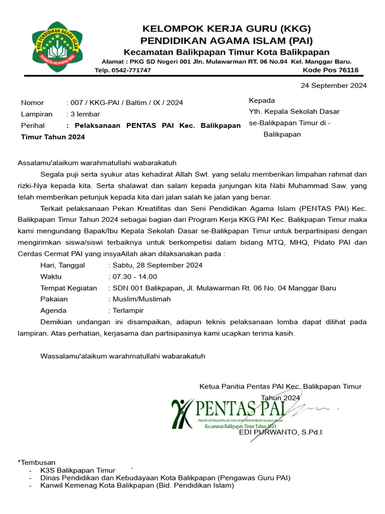 Surat Undangan Pentas PAI Baltim 2024 | PDF