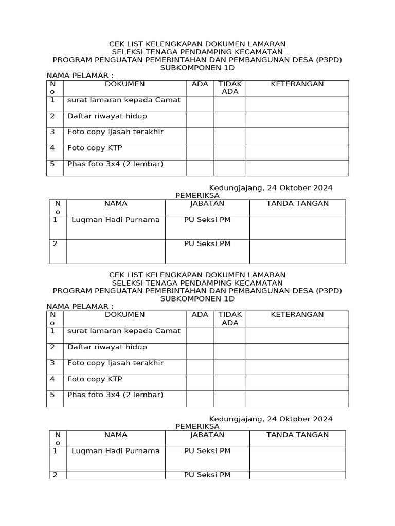 Cek List Dokumen Lamaran P3PD | PDF