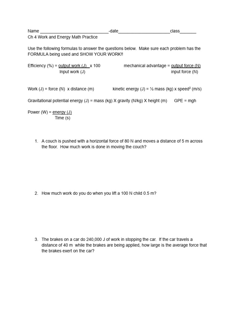 Physics Work & Energy Practice | PDF | Force | Potential Energy