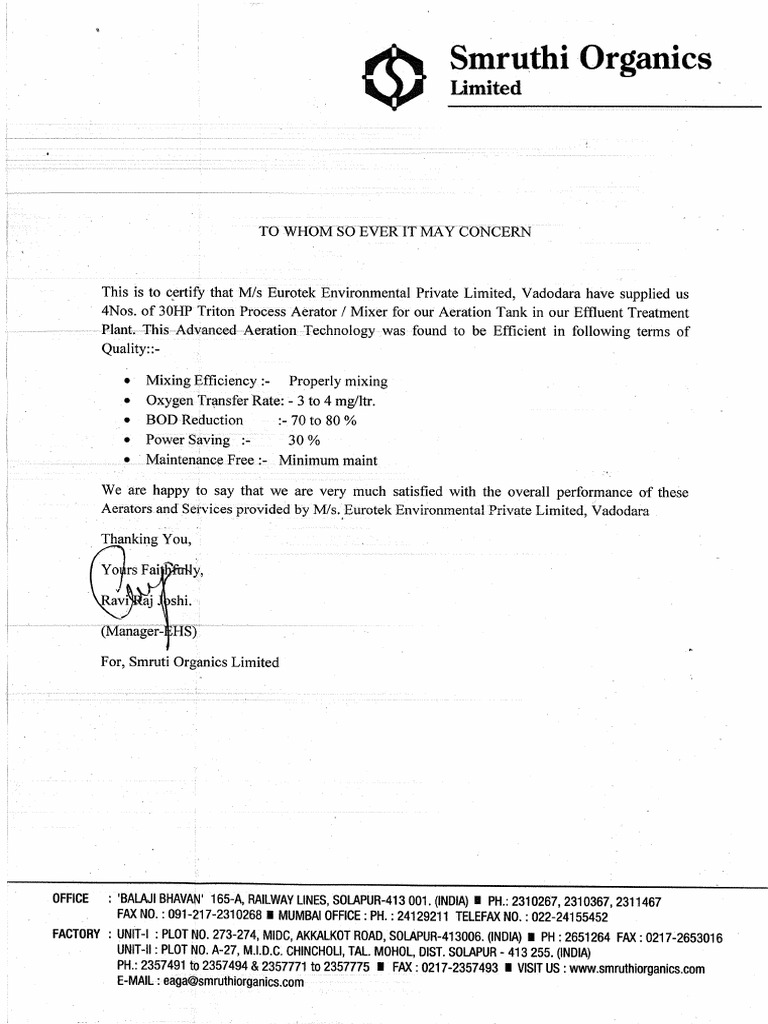 Smruthi Organics - Peroformance Certificate | PDF