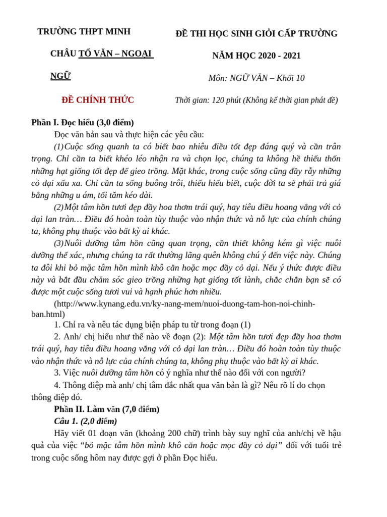 De Hoc Sinh Gioi Cap Truong Ngu Van 10 Nam 2020 2021 Truong THPT Minh Chau Hung Yen | PDF