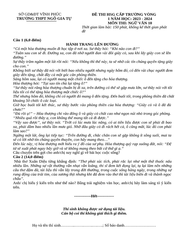 De Thi HSG Ngu Van 10 Lan 1 Nam 2023 2024 Truong THPT Ngo Gia Tu Vinh Phuc | PDF
