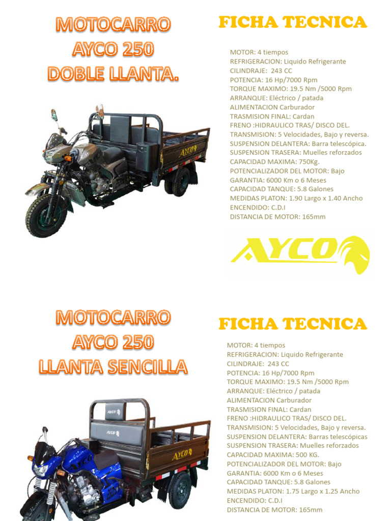 Ficha Tecnica Motocarro Ayco 250 Llanta Sencilla-Ficha Tecnica ...