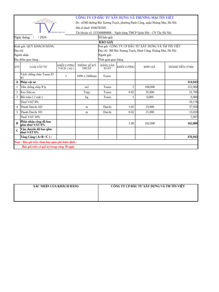 BG Vách Tozen G M Nhân Công - NHP (Thinh) | PDF