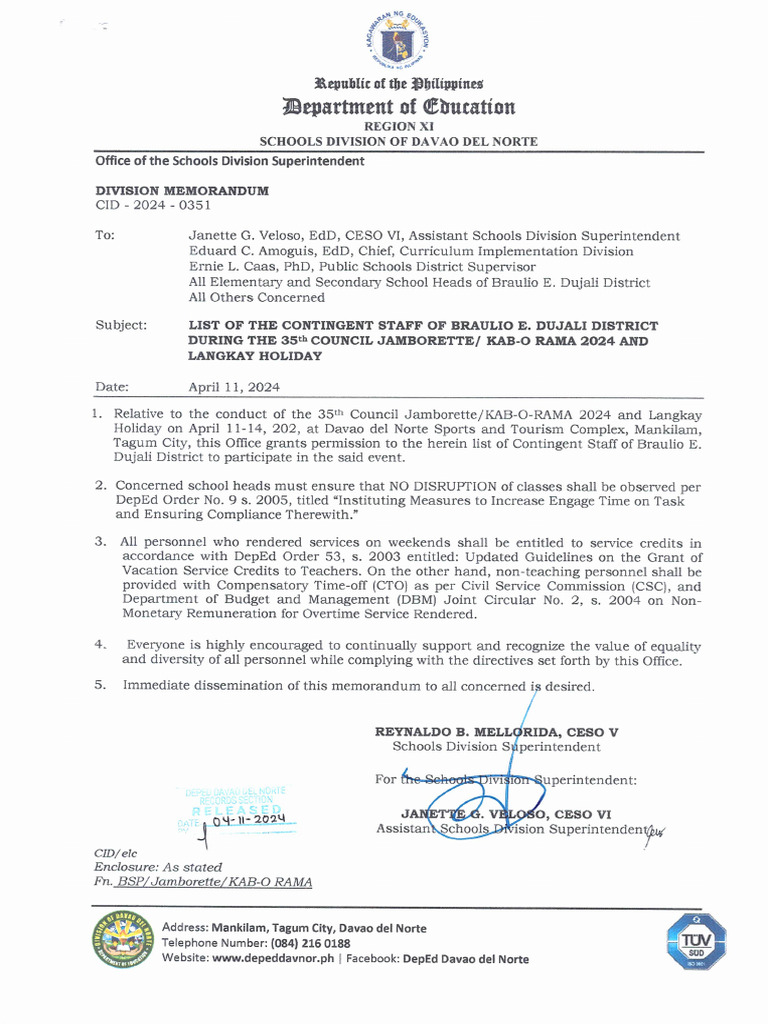 DM Cid 2024 0351 List of The Contingent Staff of Braulio E. Dujali ...