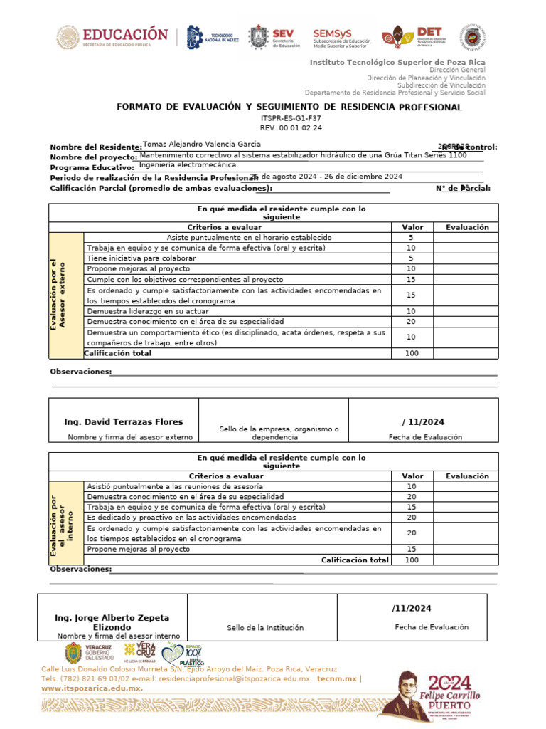 6.ITSPR-ES-G1-F37 Formato de Evaluacion y Seguimiento de Residencia Profesional | PDF