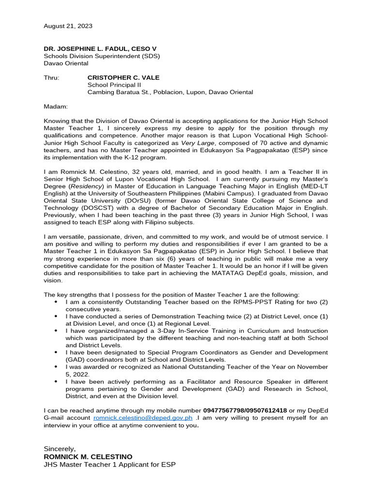 Application for Master Teacher 1 Position | PDF