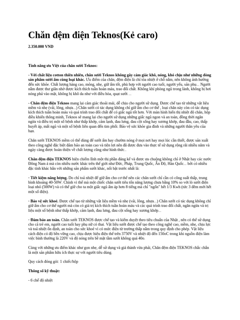 Chăn đệm điện Teknos | PDF