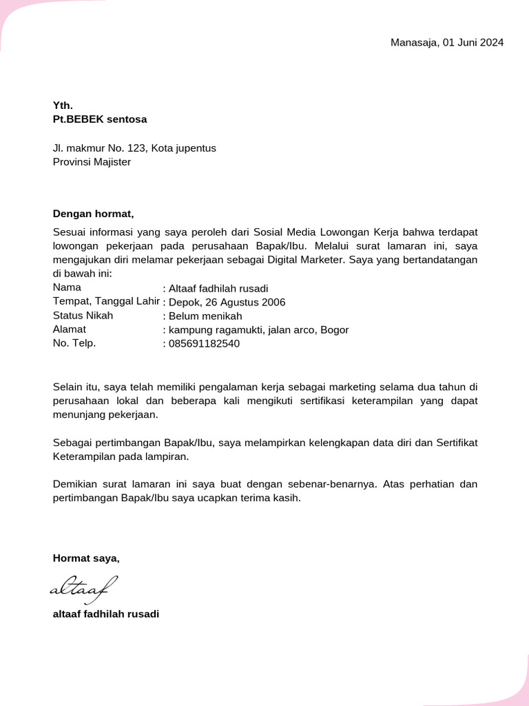 Surat Lamaran Kerja Altaaf | PDF