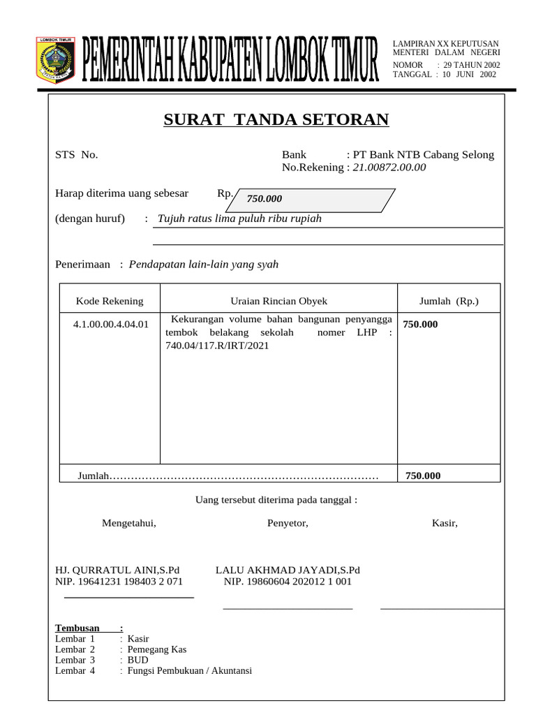 Form STS - Pajak Daerah Dan Pengembalian | PDF
