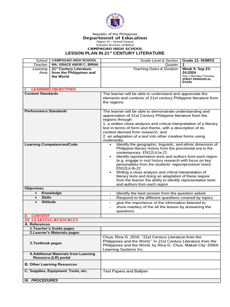 Grade 11 Literature Exam Plan | PDF | Learning | Lesson Plan