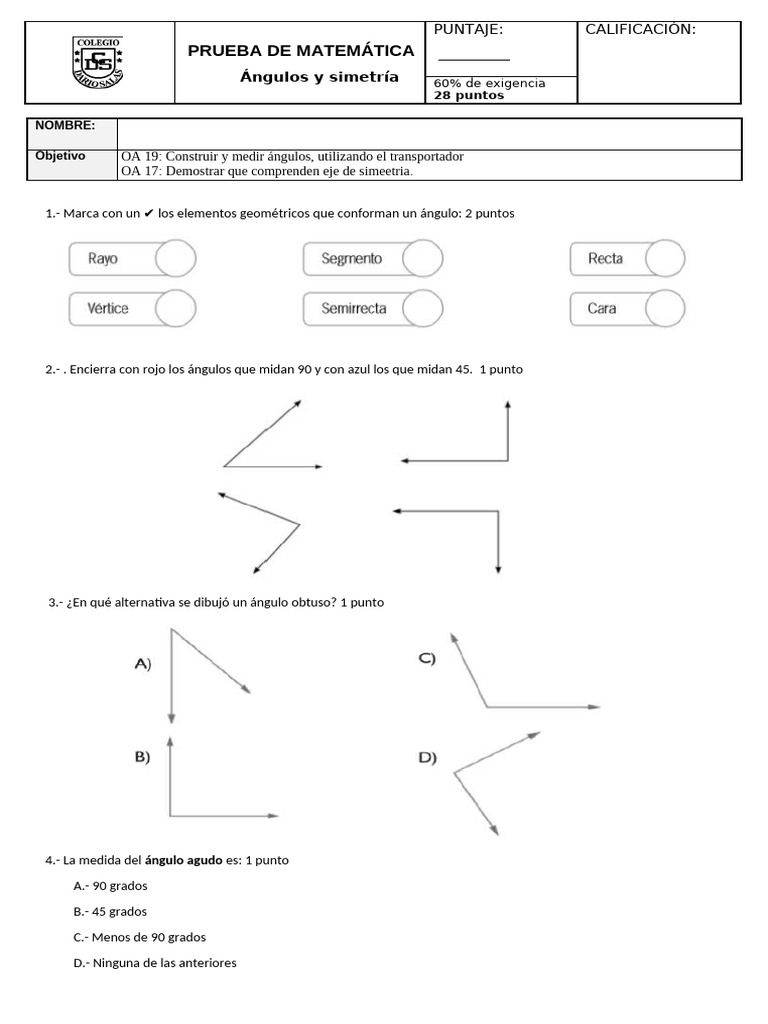 Prueba de Matemática Angulos y Simetria.... Ok | PDF