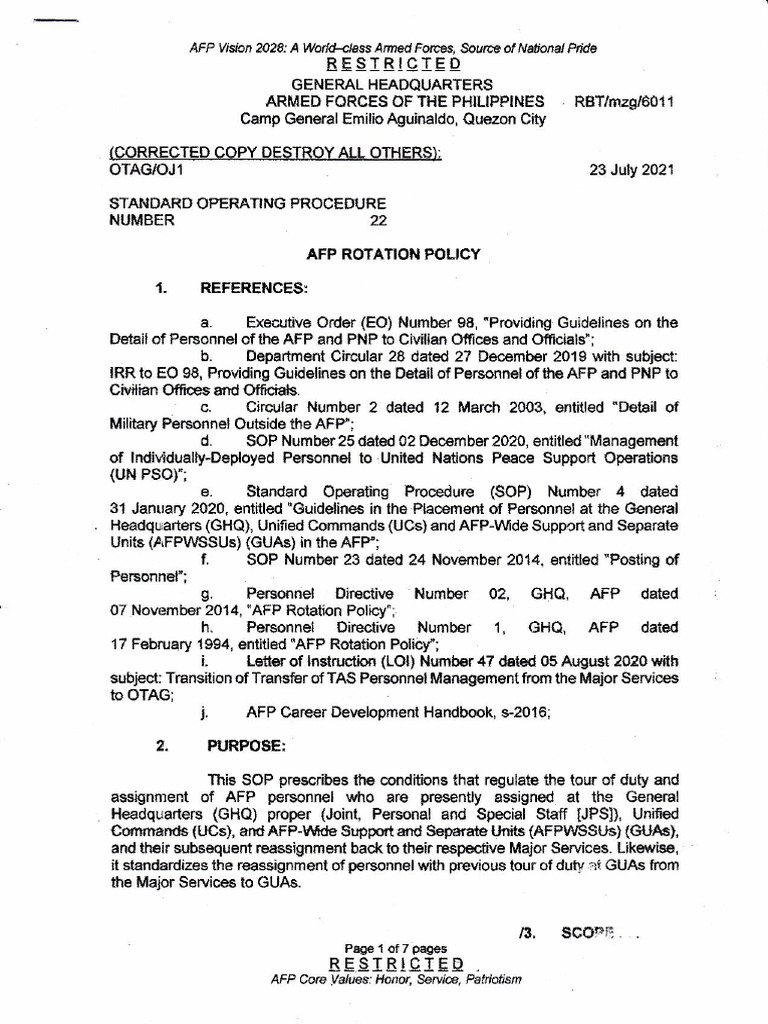 Sop NR 22 GHQ, Afp DTD 23 July 2021 Afp Rotation Policy | PDF | Non ...
