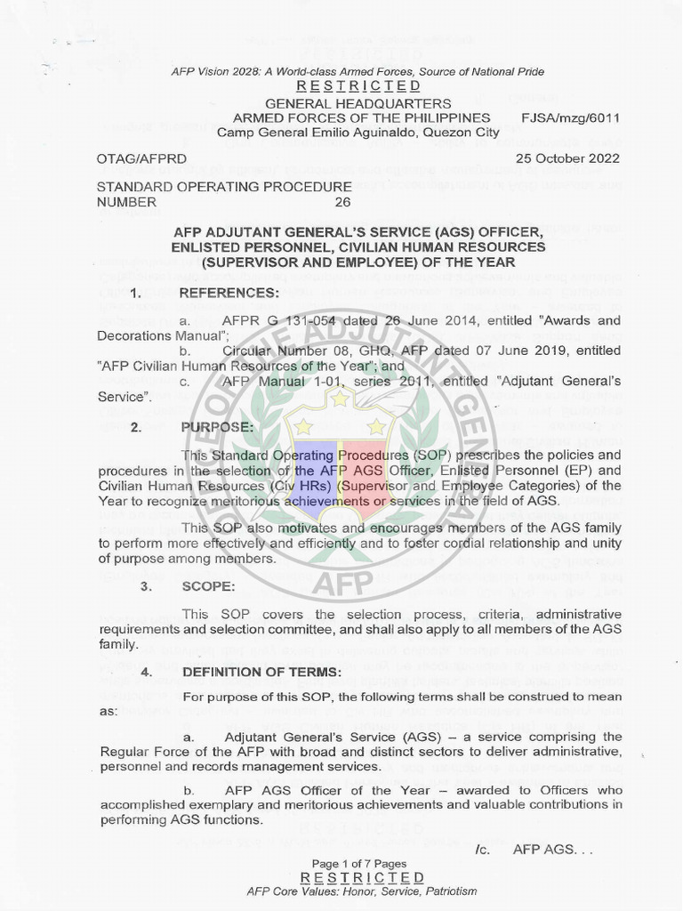 SOP NR 26, S-22 AFP AGS Officer, EP, CivHR of The Year | PDF | Human ...