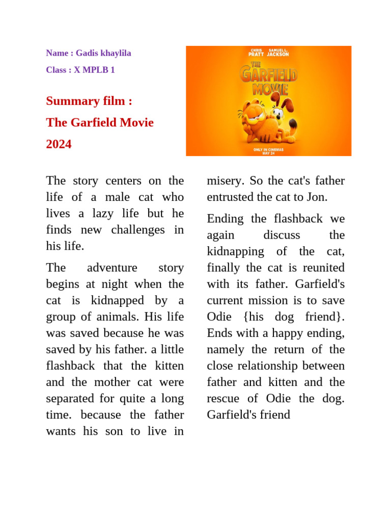 Garfield Movie 2024 Oleh Gadis Khaylila | PDF | Mystery, Thriller ...