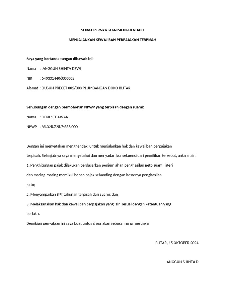 Contoh SURAT PERNYATAAN NPWP | PDF
