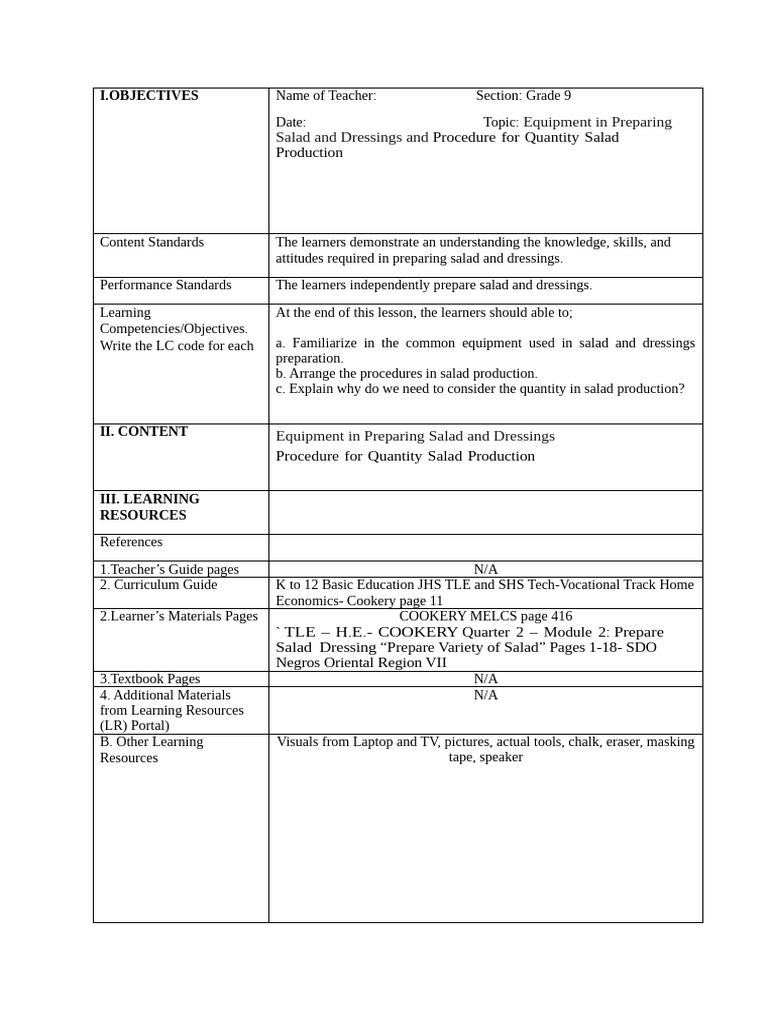 COOKERY 9 DAY 1. Practice Teaching | PDF | Refrigerator | Cooking