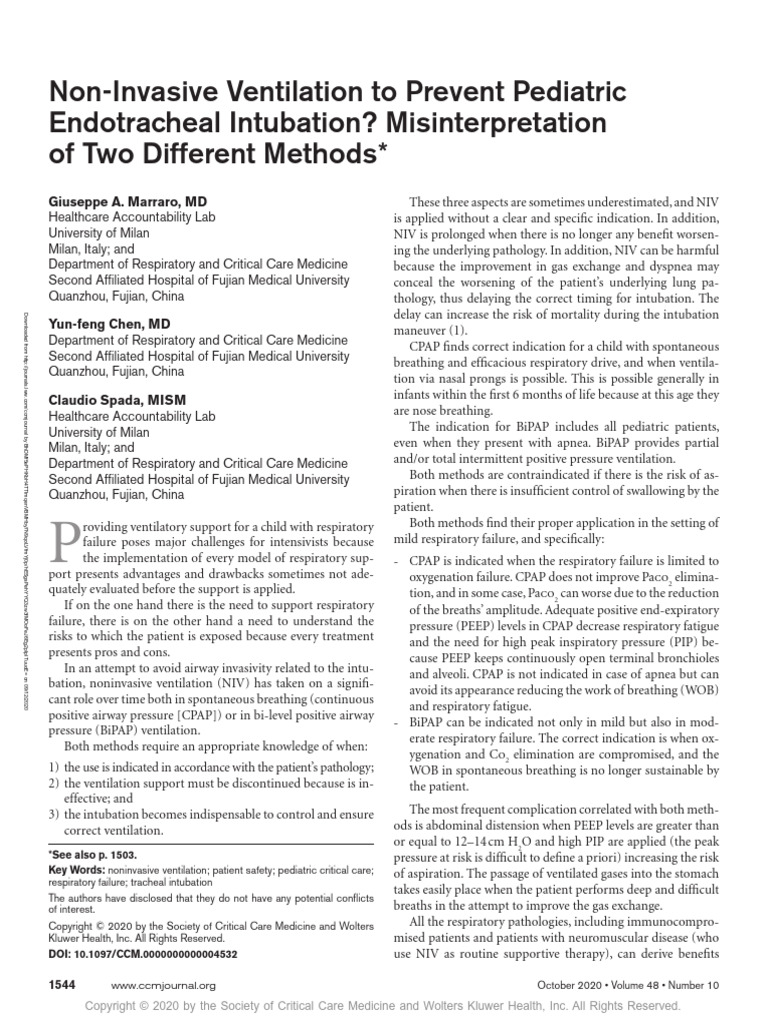 Non-Invasive Ventilation To Prevent Pediatric Endotracheal Intubation ...