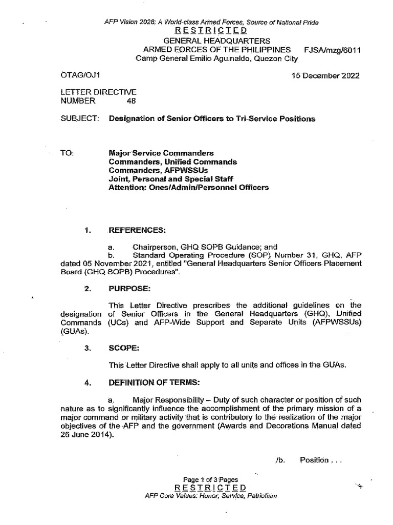 Letter Directive NR 48 s2022 Designation To TriService Positions in The GUAs | PDF