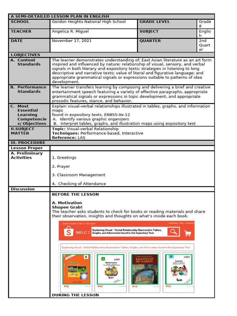 DLP Eng8 Q1 Melc1 Visual Verbal Relationship | PDF | Teachers | Learning