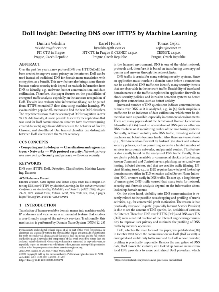 CP3 - Detecting DNS Over HTTPS by Machine Learning | PDF | Domain Name System | Computer Network