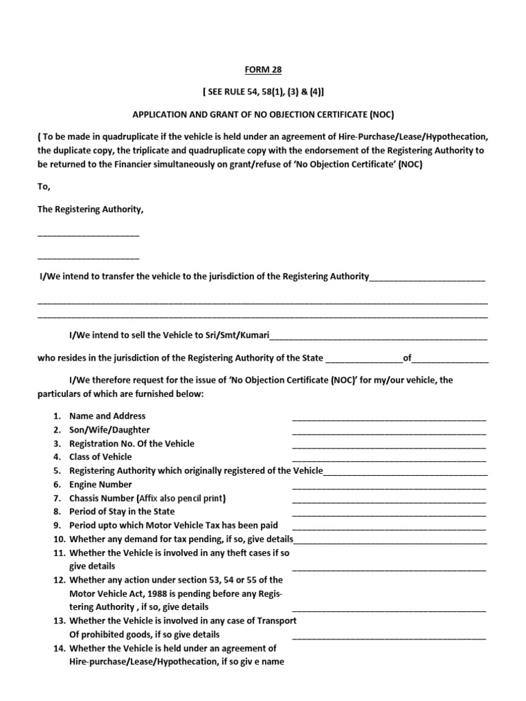 Form 28: NOC Application for Vehicles | PDF | Vehicles | Public Law