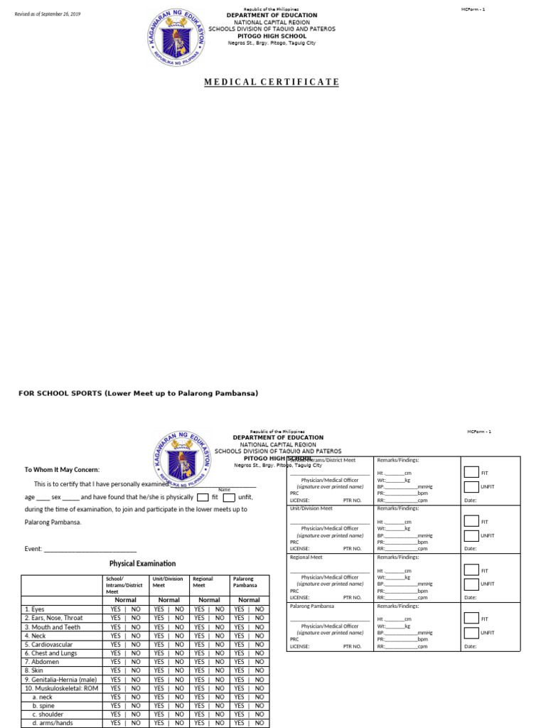 Medical Certificate for School Sports | PDF