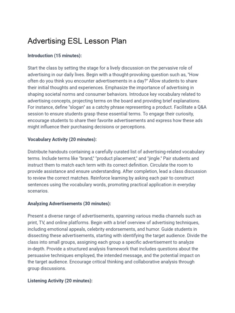 Advertising ESL Lesson Plan: Introduction (15 Minutes) | PDF ...