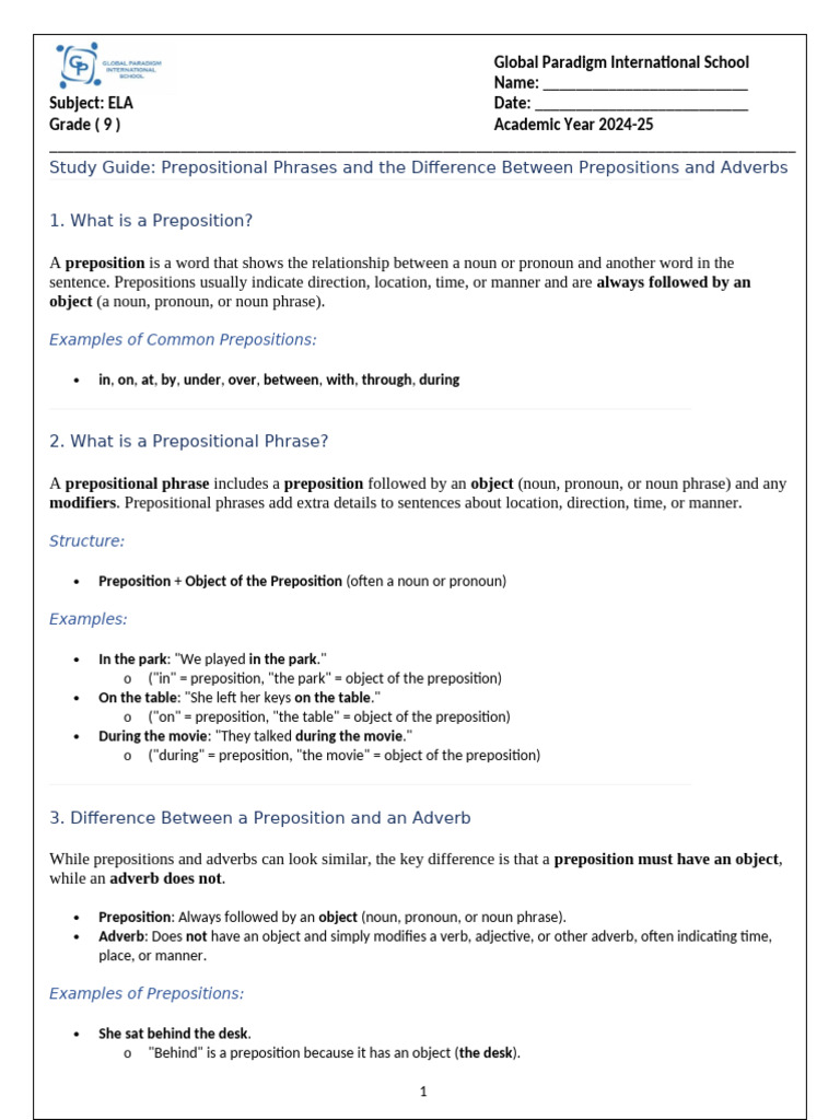 Prepositions or Adverbs PDF STUDY GUIDE | PDF | Preposition And ...