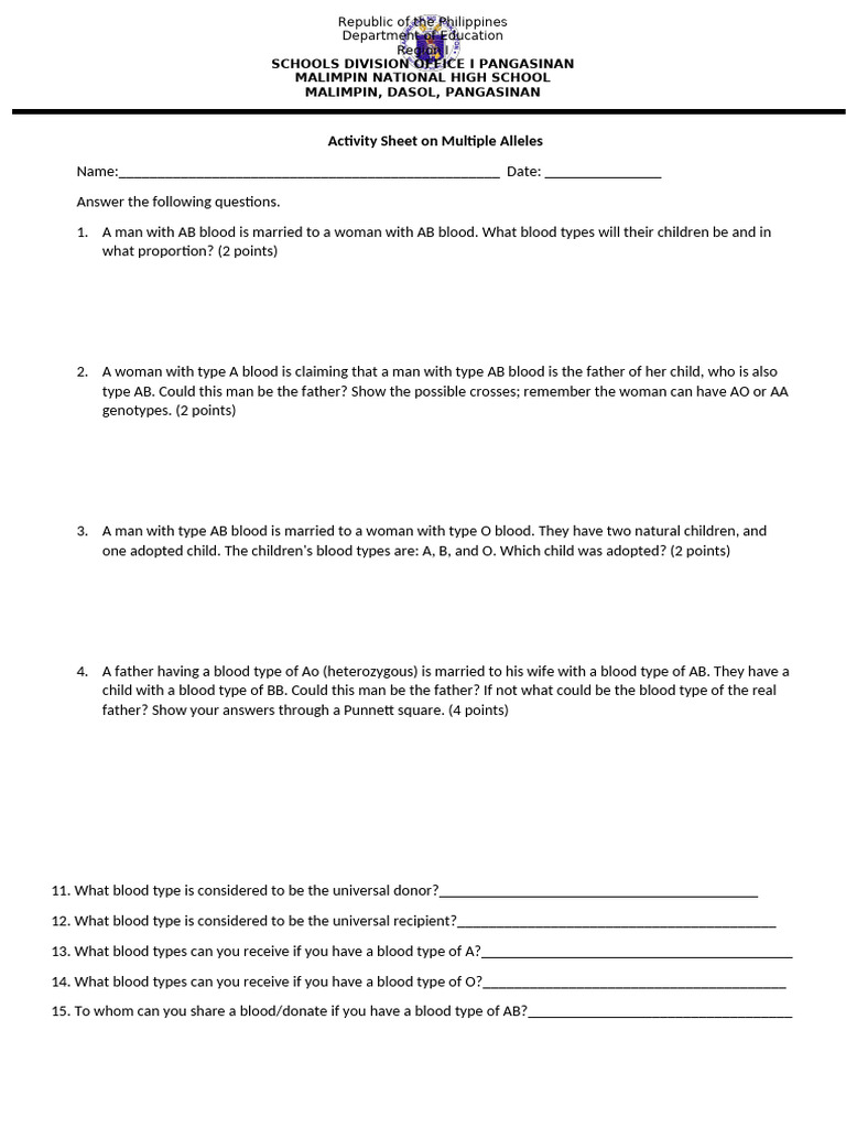Activity Sheet On Multiple Alleles | PDF