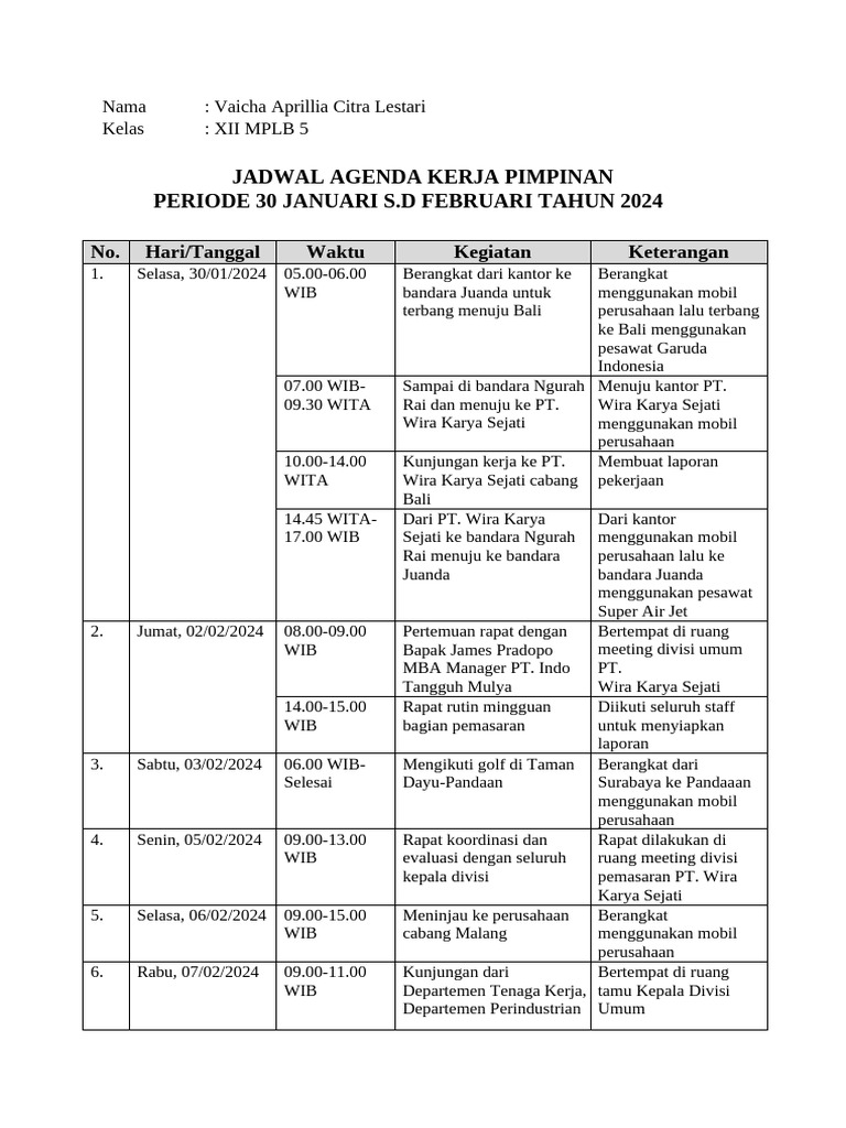Contoh Jadwal Agenda Pimpinan | PDF