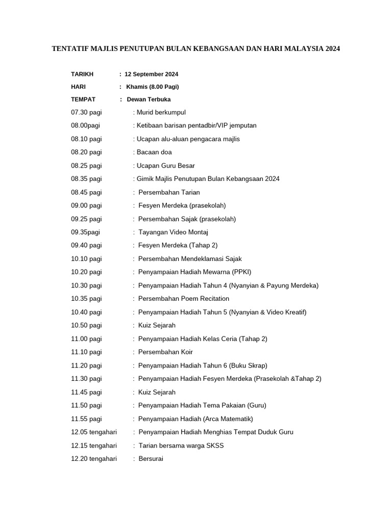 Tentatif Majlis Penutupan Bulan Kebangsaan Dan Hari Malaysia 2024 | PDF