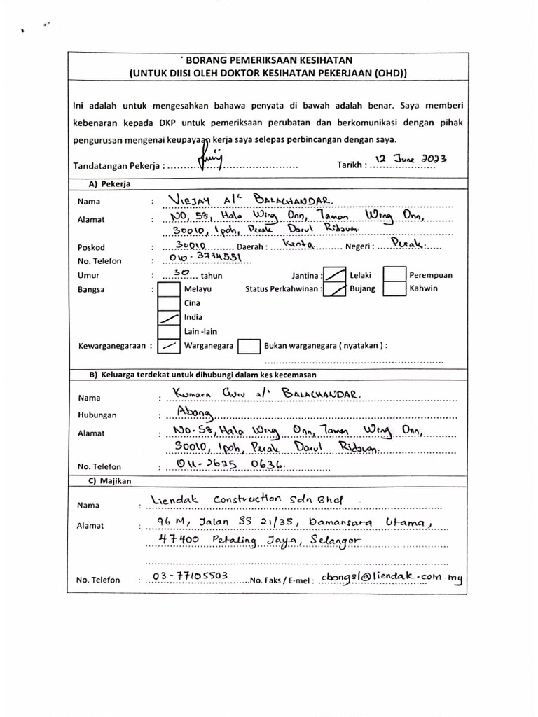 1.0 Borang Pemeriksaan Kesihatan | PDF