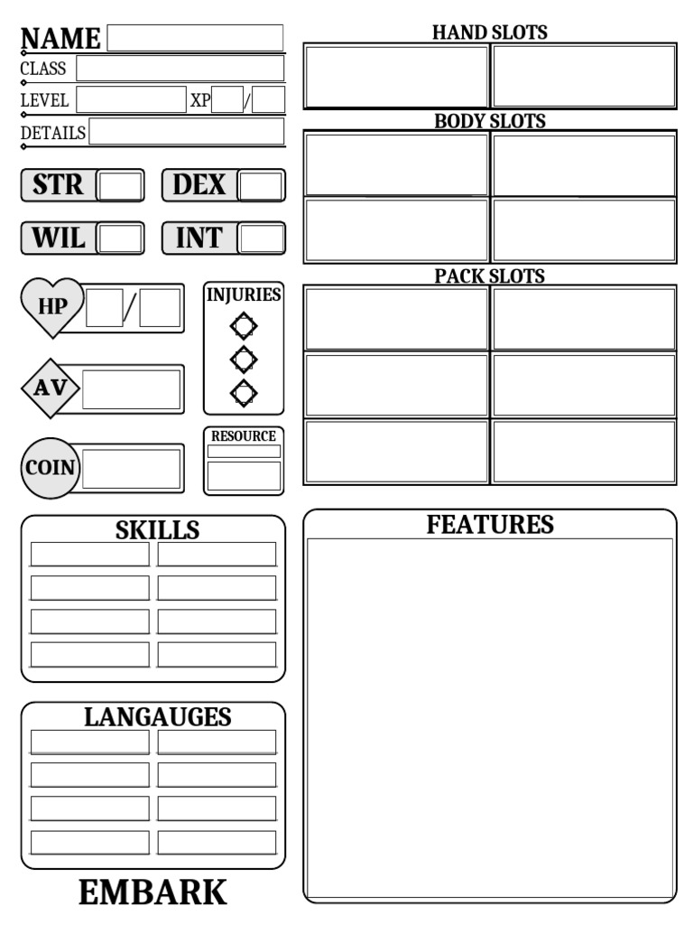 EMBARK Character Sheet Fillable | PDF | Language Arts & Discipline