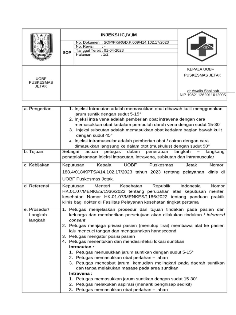 Sop Injeksi Ic, Iv, Im | PDF | Kesehatan Holistik | Sains & Matematika