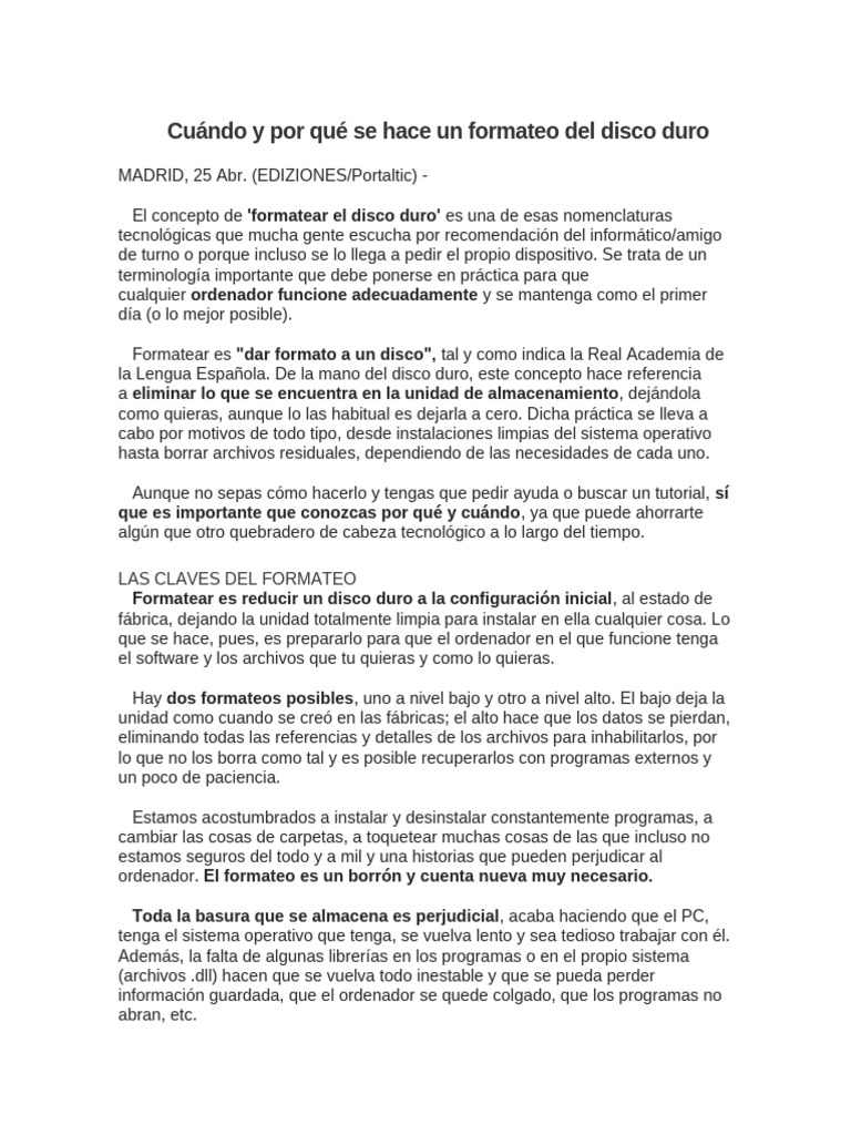Cuándo y Por Qué Se Hace Un Formateo Del Disco Duro | PDF | Archivo de computadora | Ingeniería ...