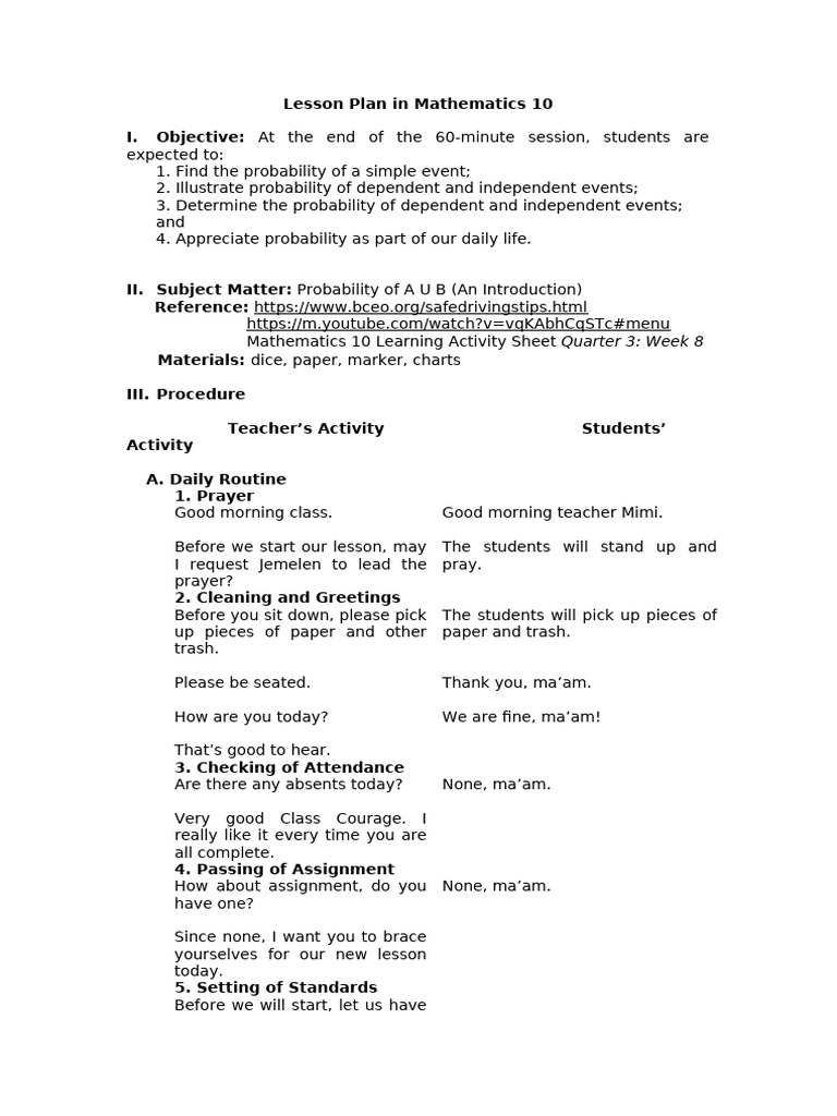 Mathematics 10 Probability Lesson Plan | PDF | Probability | Experiment