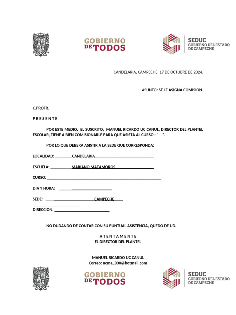 Oficio de Comision. Curso Octubre 2024 | PDF