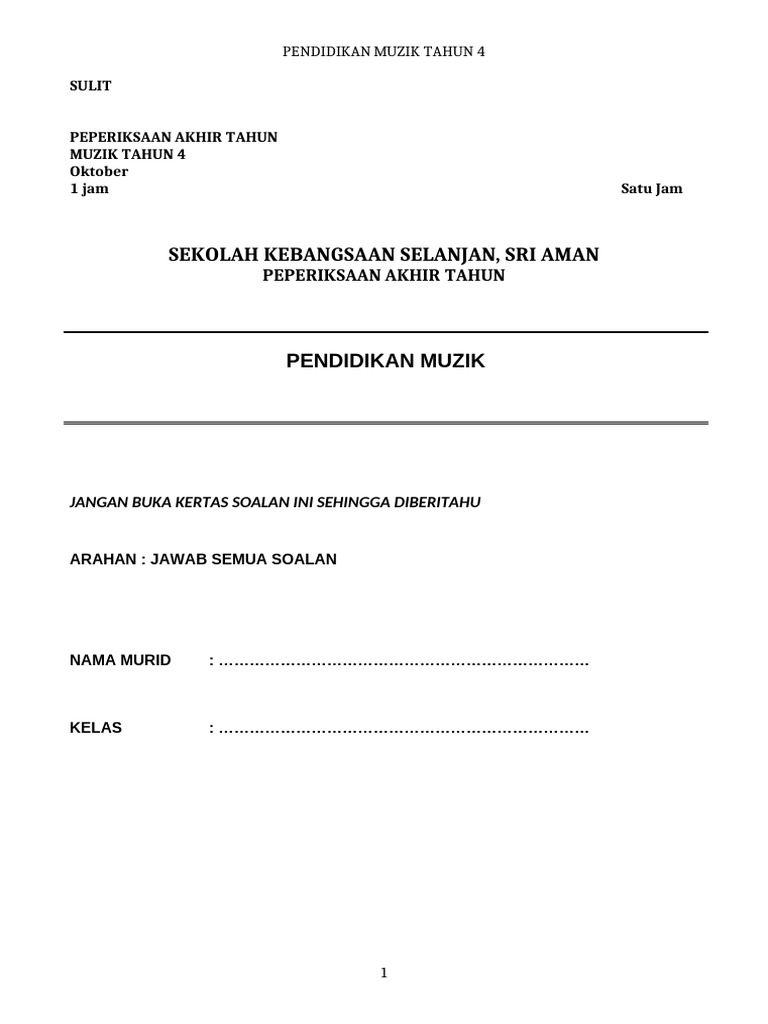 Ujian Akhir Tahun 4 Muzik CTH 2 | PDF