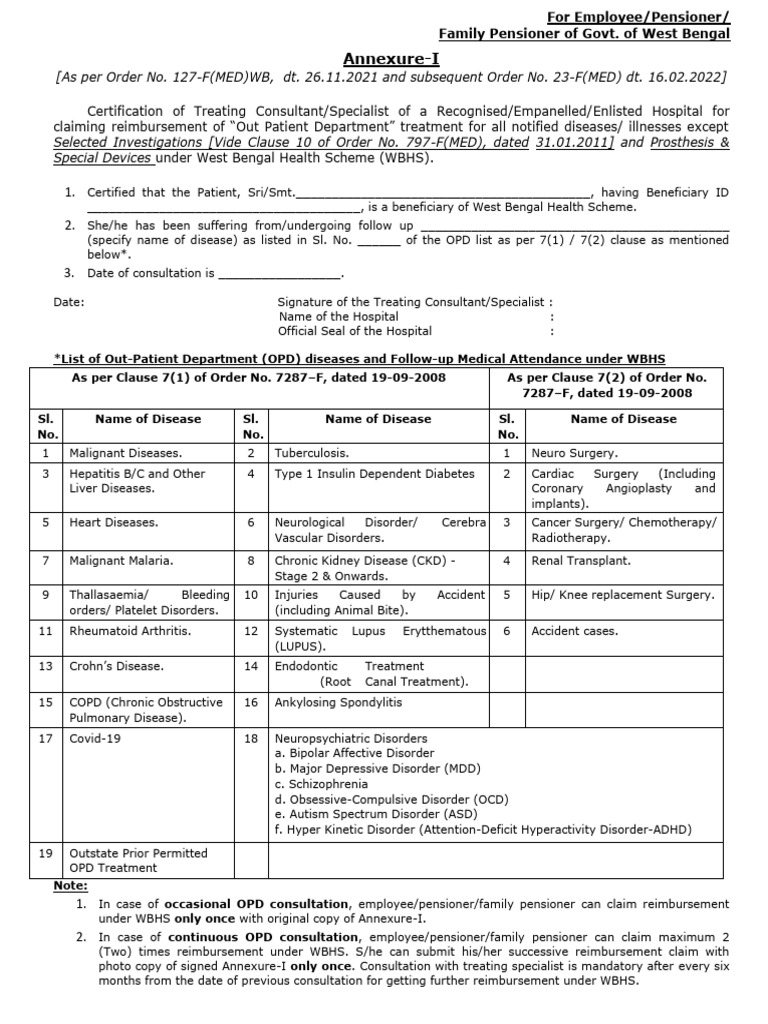 Annexure-I of WBHS Last Updated For OPD Treatment | PDF | Clinical Medicine | Human Diseases And ...