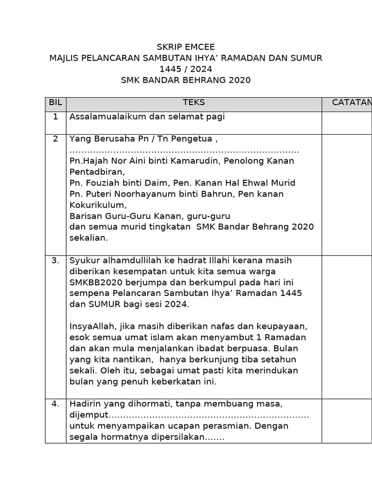 SKRIP EMCEE Pelancaran Ihya' Ramadan Dan SUMUR | PDF
