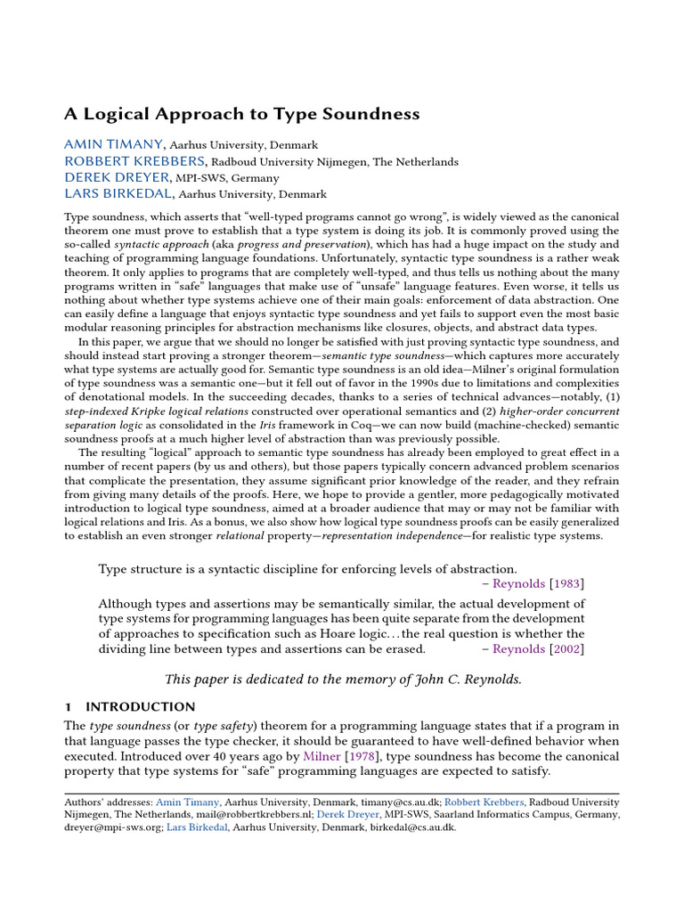 A Logical Approach To Type Soundness | PDF | Abstraction (Computer ...