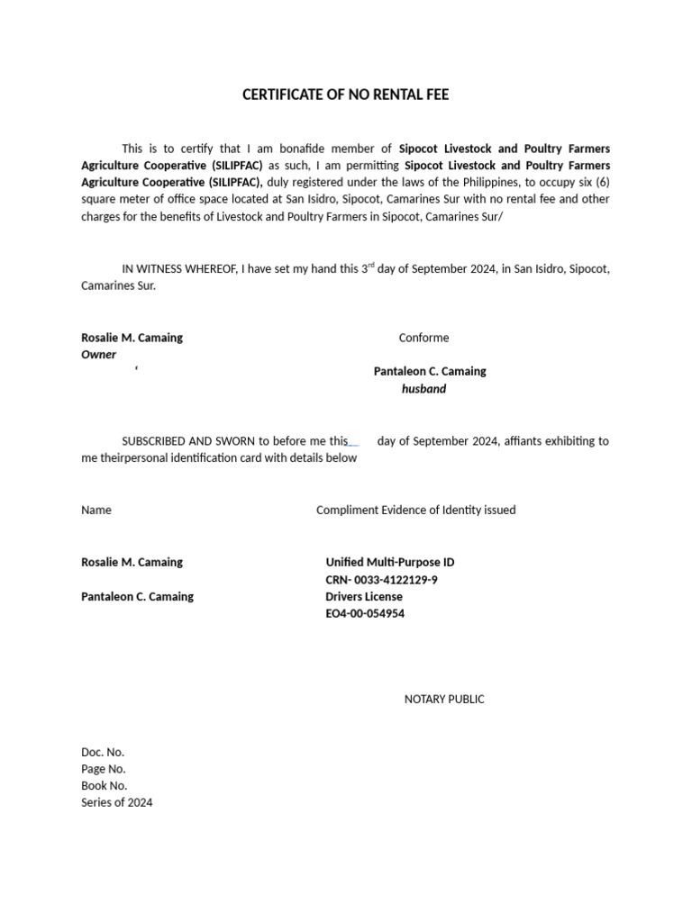 Certificate of No Rental Fee | PDF
