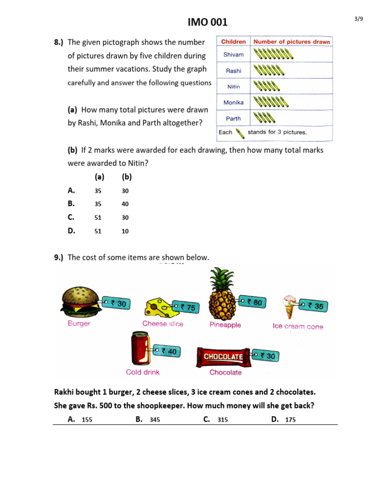 Children S Drawing And Shopping Math Quiz Pdf