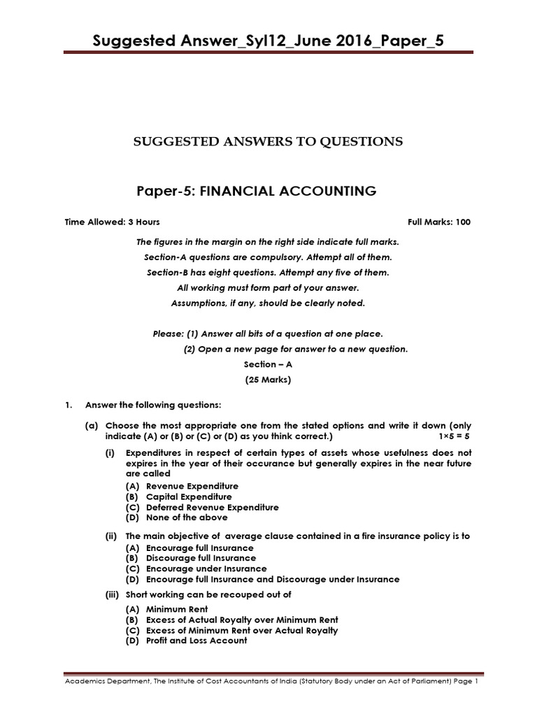 June 2016 Financial Accounting Answers | PDF | Debits And Credits | Expense