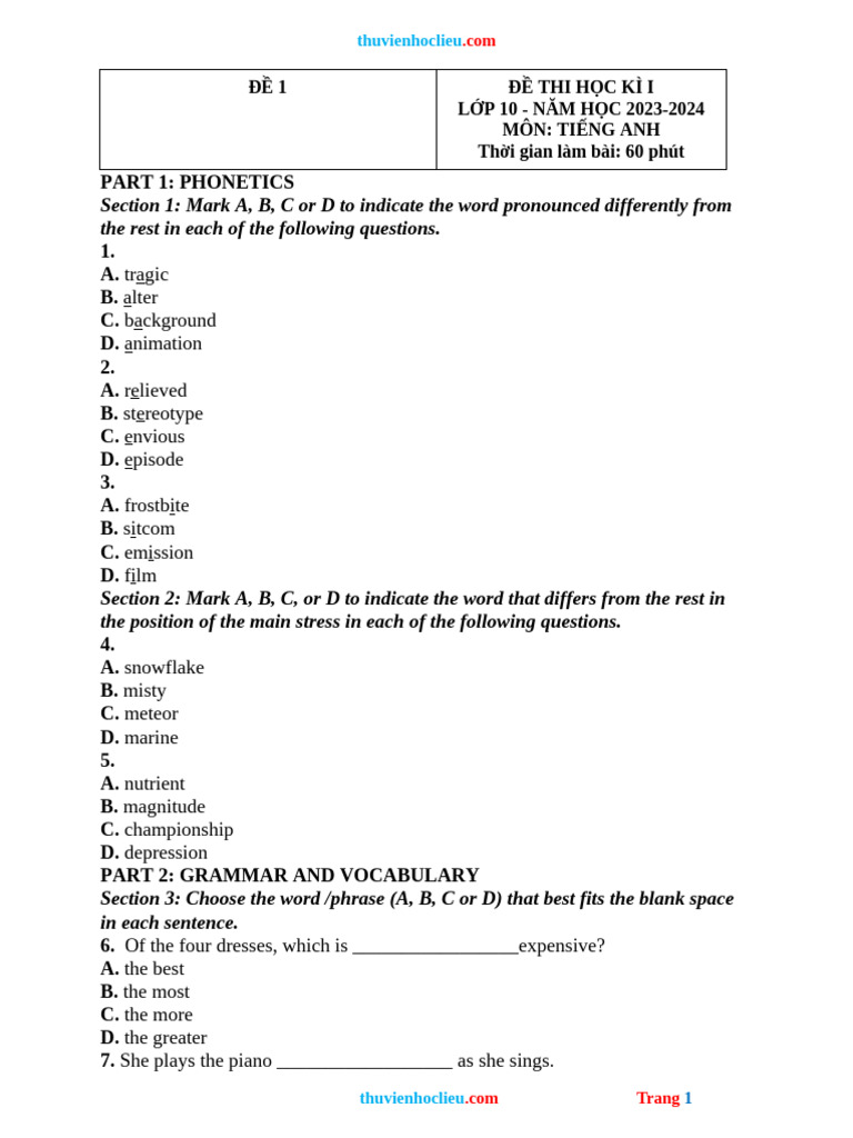 De Thi HK1 Tieng Anh 10 Friends Global de 1 | PDF | Games & Activities