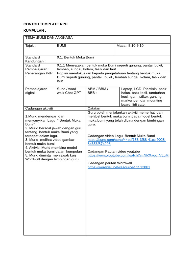 RPH Sains Tahun 1 Kumpulan 5 Bumi | PDF